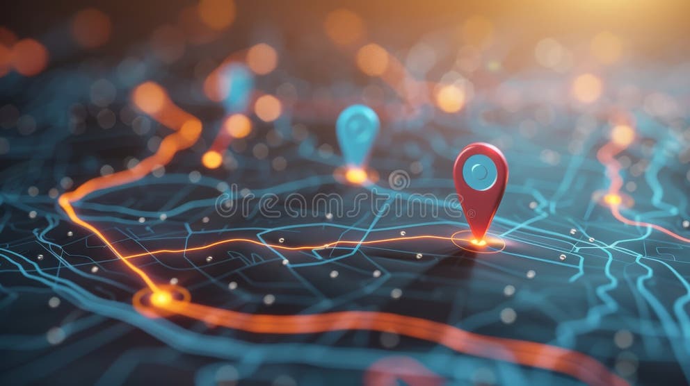Futuristic GPS Navigation Map with Location Pins and Glowing Pathways ...