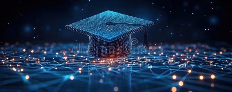 Futuristic Graduation Cap Glows with Network Lines, Dots. Abstract ...