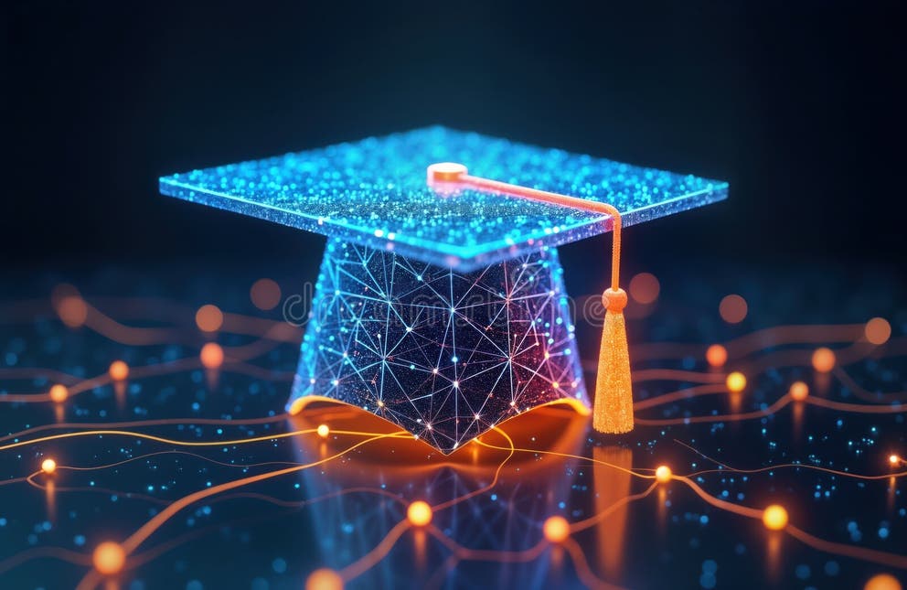Futuristic Graduation Cap Glows with Tech Network. Digital Mortarboard ...
