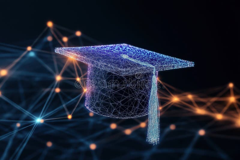 Futuristic Graduation Cap Glows with Tech Network. Digital Mortarboard ...