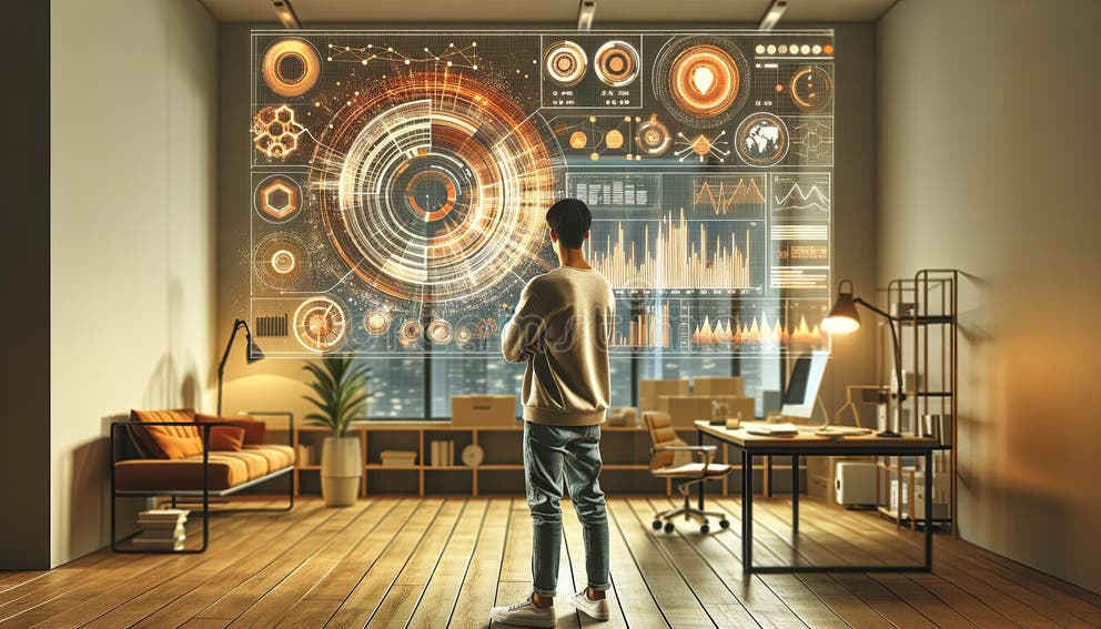 Futuristic Graphical User Interface Concept. Man Looking on Wall with ...
