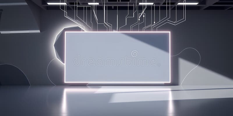 A Futuristic Gray Room with a Glowing Rectangle and Circuit Like Lines ...
