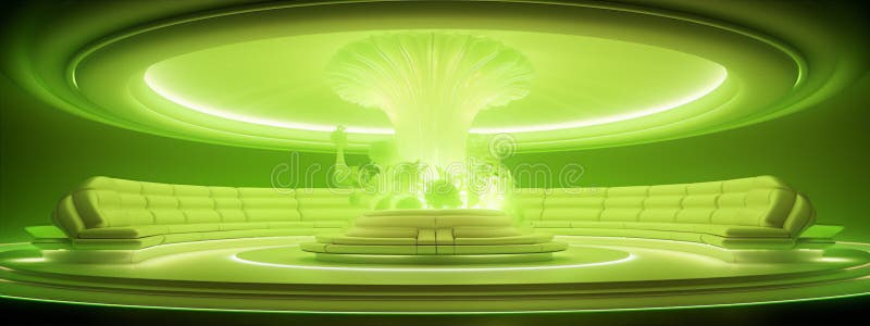 Futuristic Green Alien Spaceship Interior with White Sofas and a ...