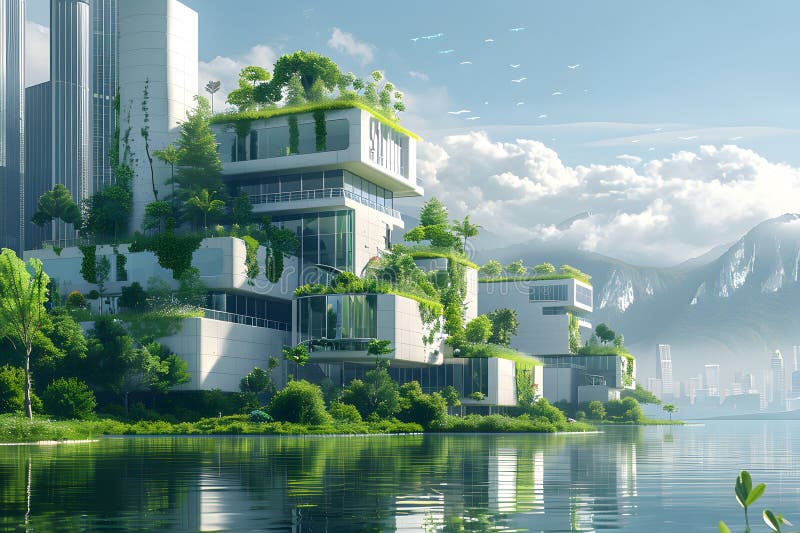 Futuristic Green Architecture on Waterfront. Illustration Stock ...
