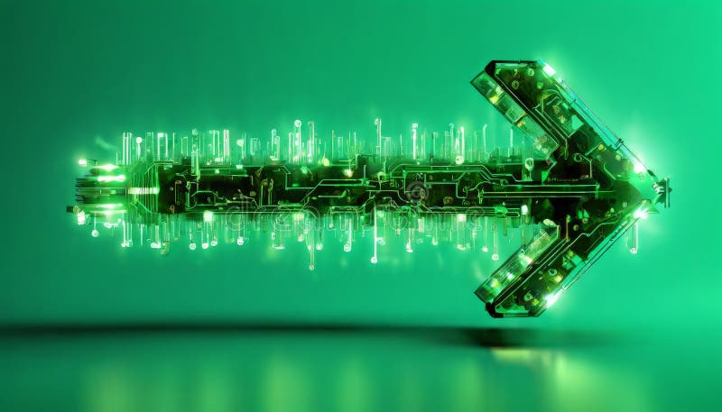 Futuristic Green Arrow with Embedded Circuits Pointing Forward Stock ...