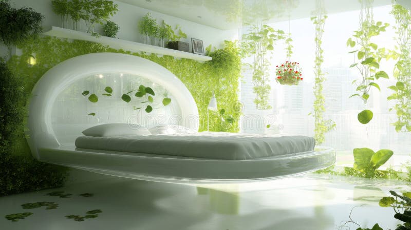 Futuristic Green Bedroom with Floating Bed Stock Illustration ...