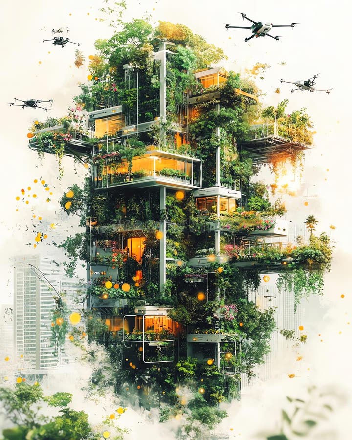 Futuristic Green Building with Drones Flying Stock Image - Image of ...