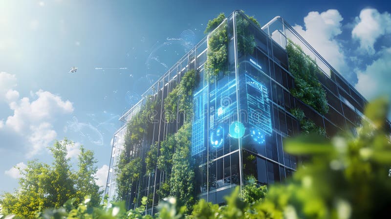 Futuristic Green Building with Glowing Digital Elements Stock ...