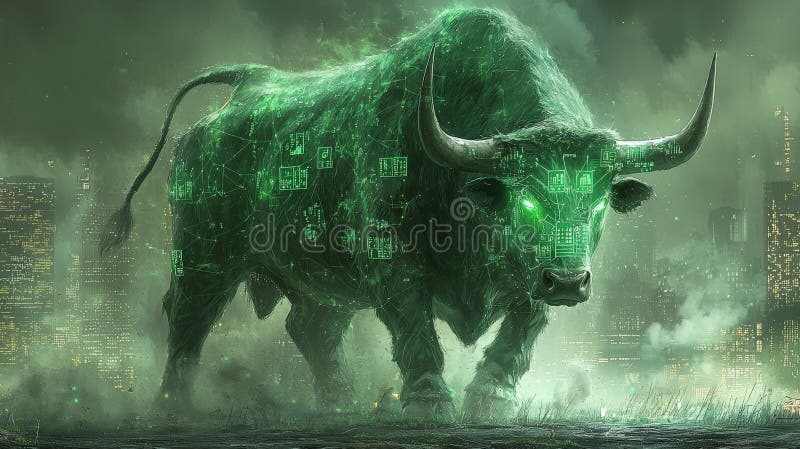 Futuristic Green Bull in Financial Technology Theme with Data Visuals ...
