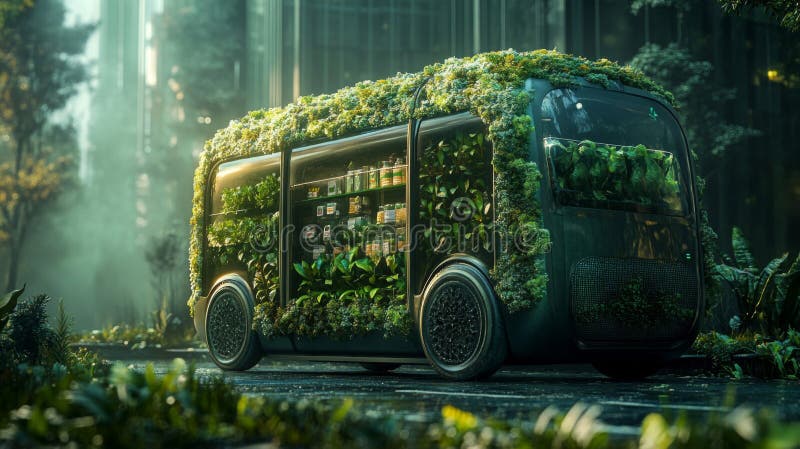 Futuristic Green Bus Overgrown with Vines in a Dark Forest Stock ...