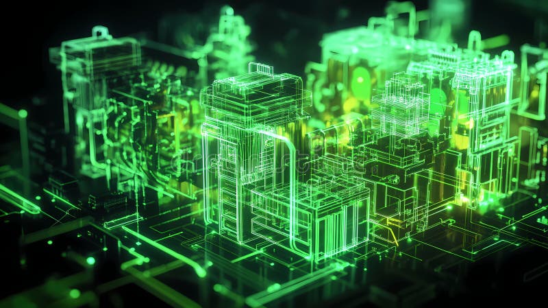 Futuristic Green Circuitry Creating Complex Technological Structures ...