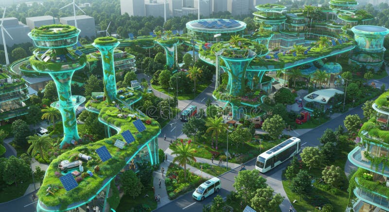 Futuristic Green City Aerial View Stock Illustration - Illustration of ...