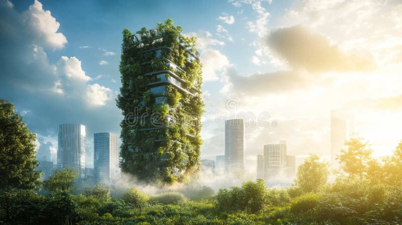 Futuristic Green City with Eco-Friendly Skyscraper at Sunrise Stock ...
