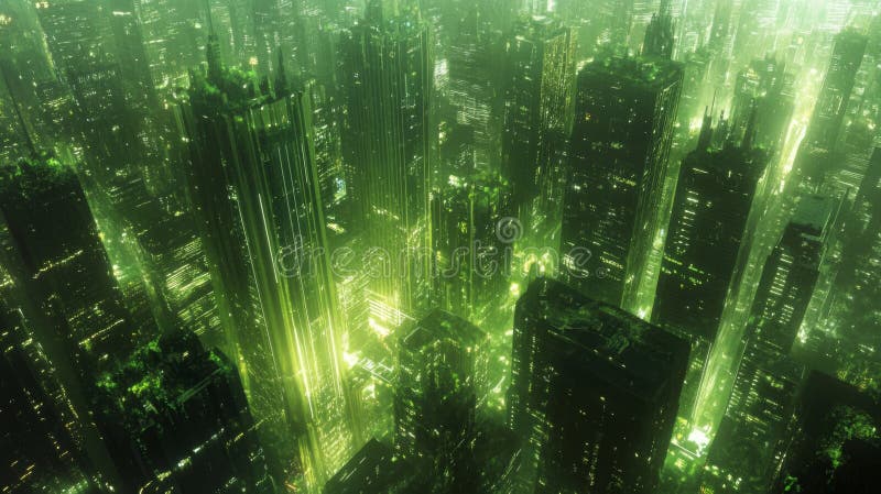 Futuristic Green City at Night Aerial View Stock Illustration ...