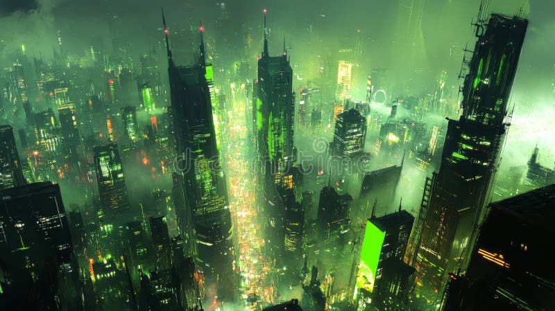 Futuristic Green City at Night Digital Pixel Art Stock Illustration ...
