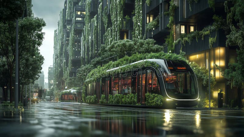 Futuristic Green City Tram in Rain Stock Illustration - Illustration of ...