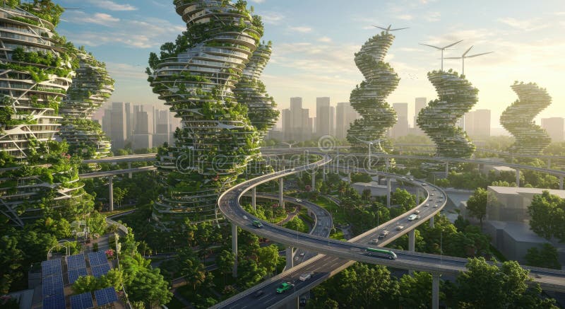 Futuristic Green City with Vertical Towers and Elevated Highways Stock ...