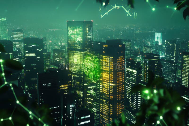 Futuristic Green Cityscape at Night Stock Illustration - Illustration ...