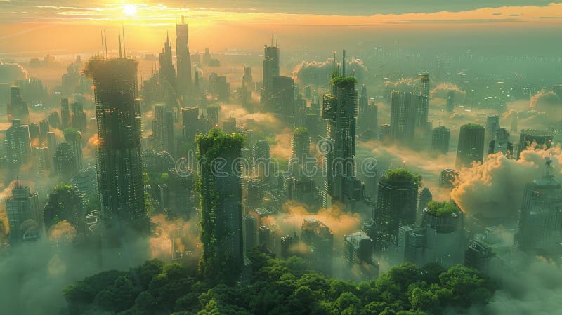 Futuristic Green Cityscape at Sunrise - Generative Ai Stock ...