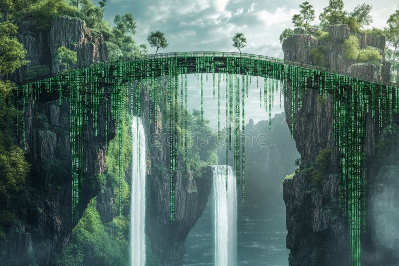 Futuristic Green Data-Linked Bridge Over Cascading Waterfalls ...