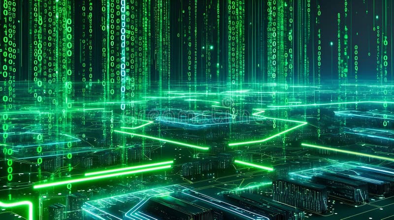 Futuristic Green Digital Matrix Code Background with Glowing Data ...