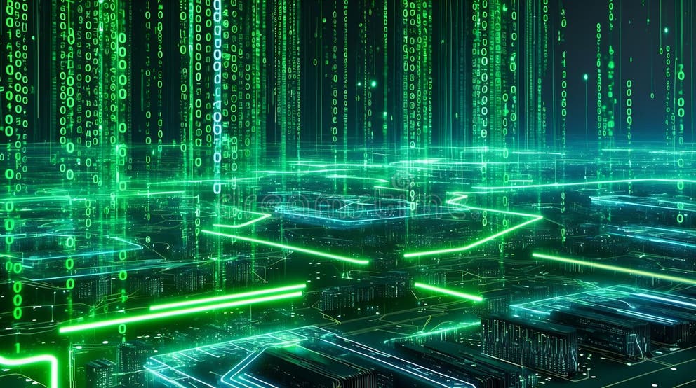 Futuristic Green Digital Matrix Code Background with Glowing Data Streams and Cybersecurity ...