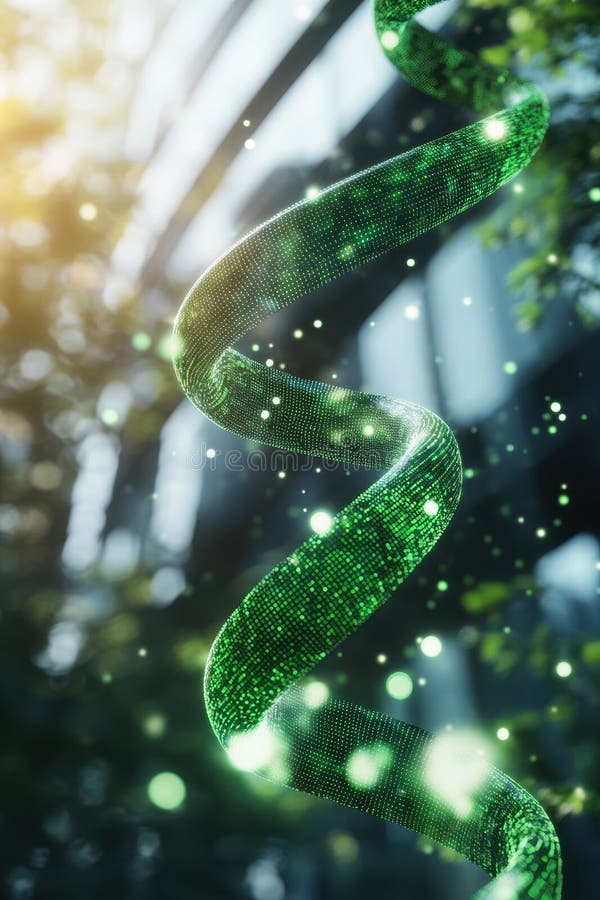 Futuristic Green DNHelix in Nature with Digital Particle Effects. Stock ...