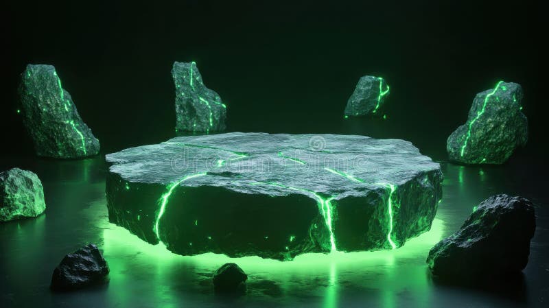 Futuristic Green Glowing Stone Circle with Cracked Surface in Dark ...