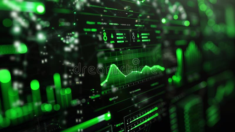 Futuristic Green Graphics and Transparent Glass Charts in Zero Gravity ...