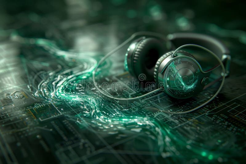 Futuristic Green Headphones with Digital Patterns, Symbolizing the ...