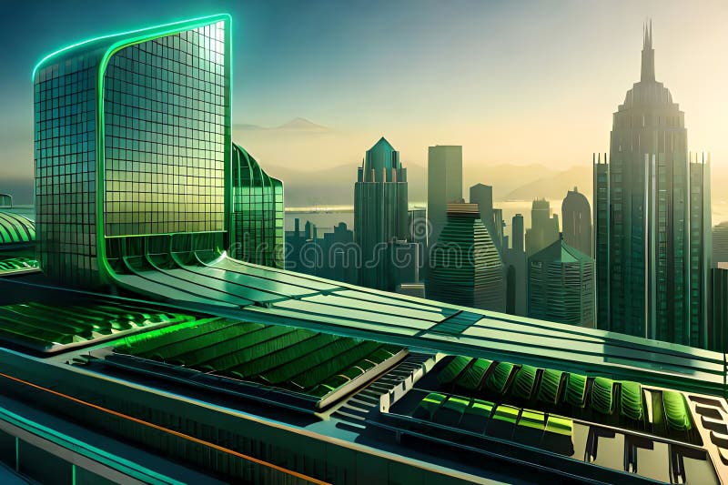 And Futuristic Green Houses. Generative AI Stock Illustration ...