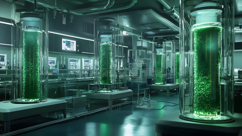 Futuristic Green Laboratory Interior with Glowing Tubes Stock ...