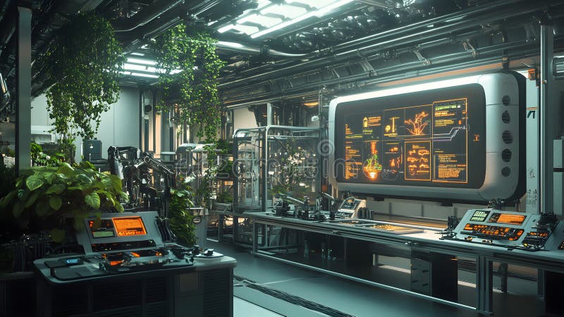 Futuristic Green Laboratory Interior with High Tech Control Panels and ...