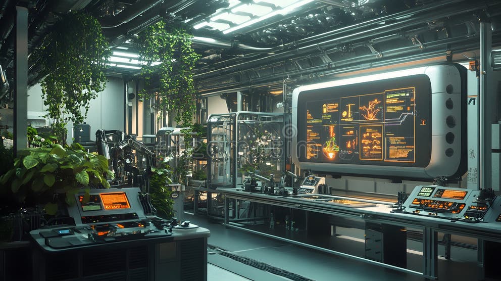 Futuristic Green Laboratory Interior with High Tech Control Panels and ...