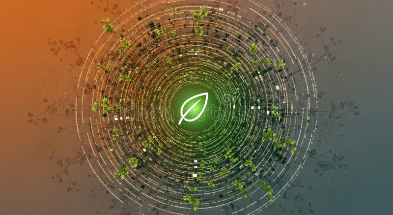 Futuristic Green Leaf Symbol at the Center of a Circular Digital ...