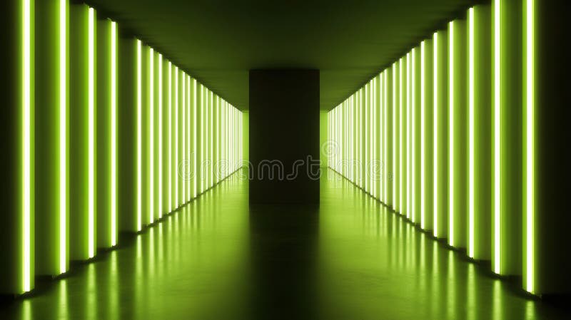 Futuristic Green Neon Lights in Symmetrical Hallway Perspective Stock ...