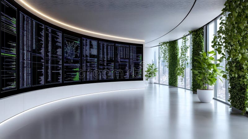 Futuristic Green Office with Curved Data Wall Stock Illustration ...