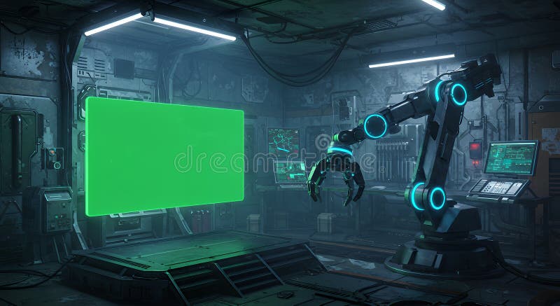 Futuristic Green Screen Studio with Robotic Arm Stock Illustration ...
