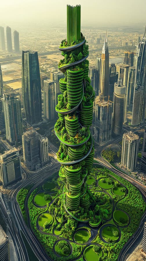 Futuristic Green Skyscraper in Cityscape, Vertical Forest Architecture ...