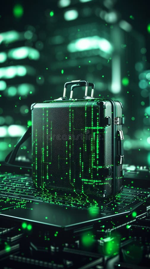Futuristic Green Suitcase with Digital Pattern in Cyber Environment ...