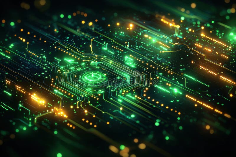 Futuristic Green Technology Circuit Glowing Neon Lights Abstract Nodes ...