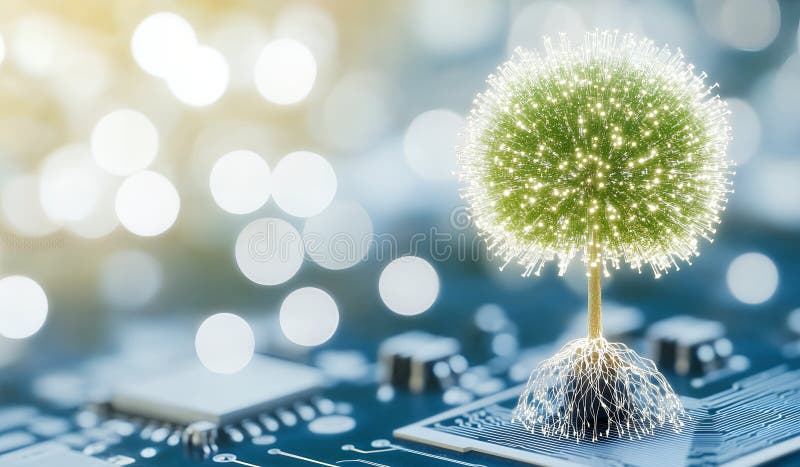 Futuristic Green Technology Tree Growing on Circuit Board Digital ...