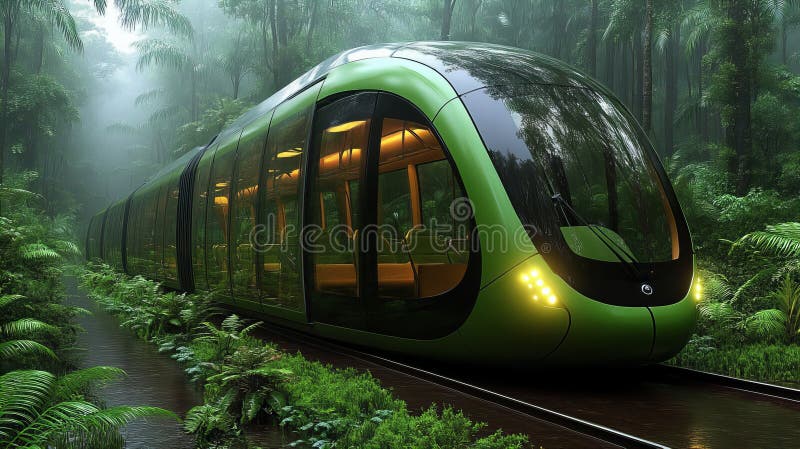 Futuristic Green Train Traveling through Lush Forested Jungle Scenery ...