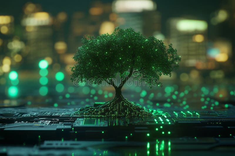 Futuristic Green Tree Growing on Circuit Board Technology Nature ...