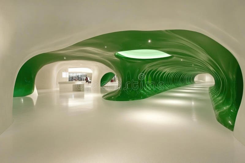 Futuristic Green Tunnel Interior in Modern Architectural Design Stock ...