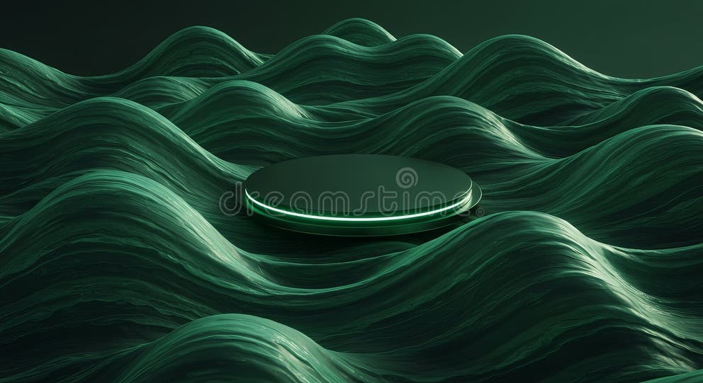 Futuristic Green Waves and Floating Disc Abstraction Stock Image ...