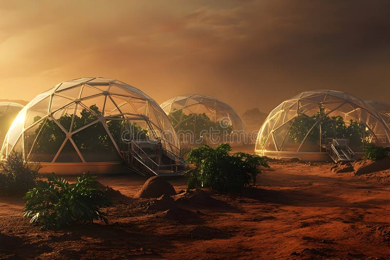 Futuristic Greenhouse Domes on Mars at Sunset Stock Photo - Image of ...