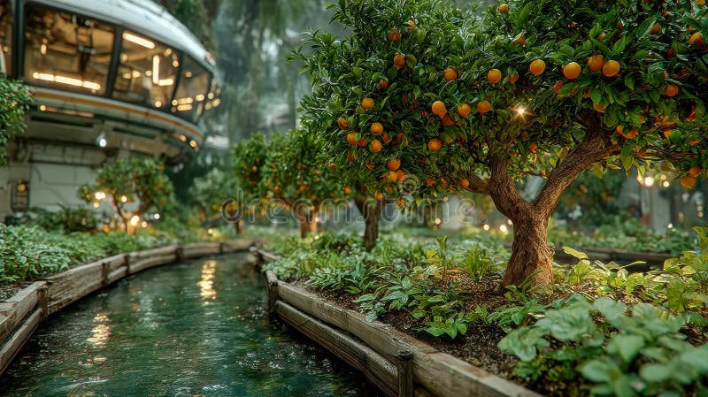 Futuristic Greenhouse Featuring Flourishing Orange Trees and a Central ...