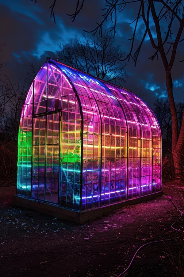 Futuristic Greenhouse Illuminated with Colorful LED Lights for ...