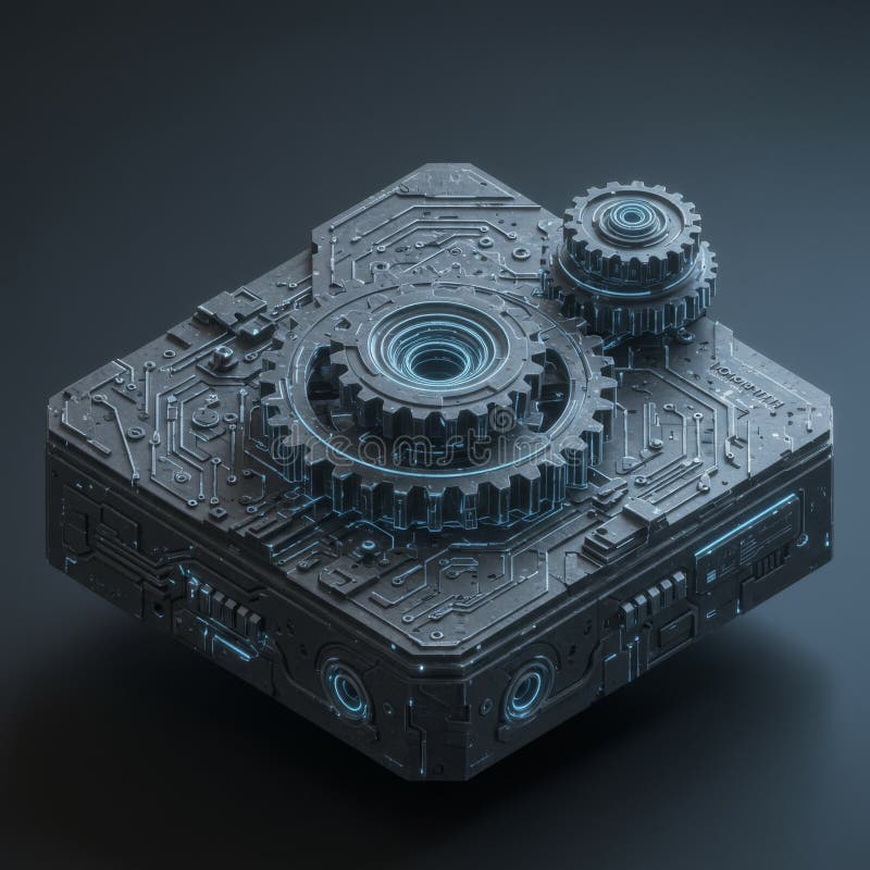 Futuristic Grey Machine with Glowing Blue Gears Stock Illustration ...